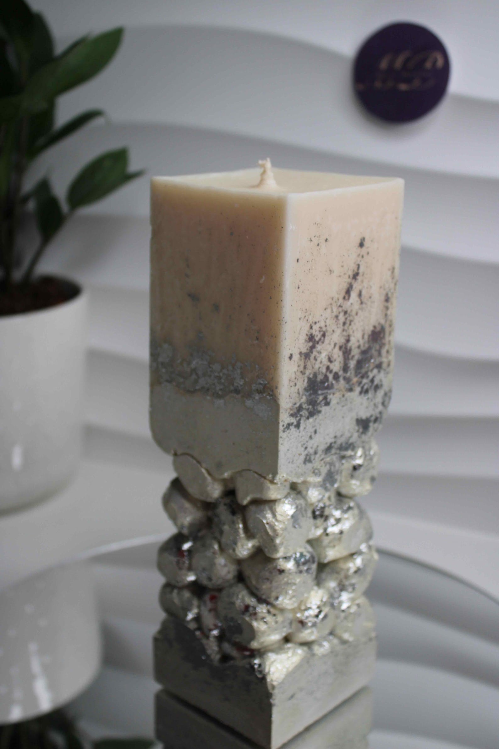 Elegant White Concrete Candle With Silver Leaf: Eco-friendly ...
