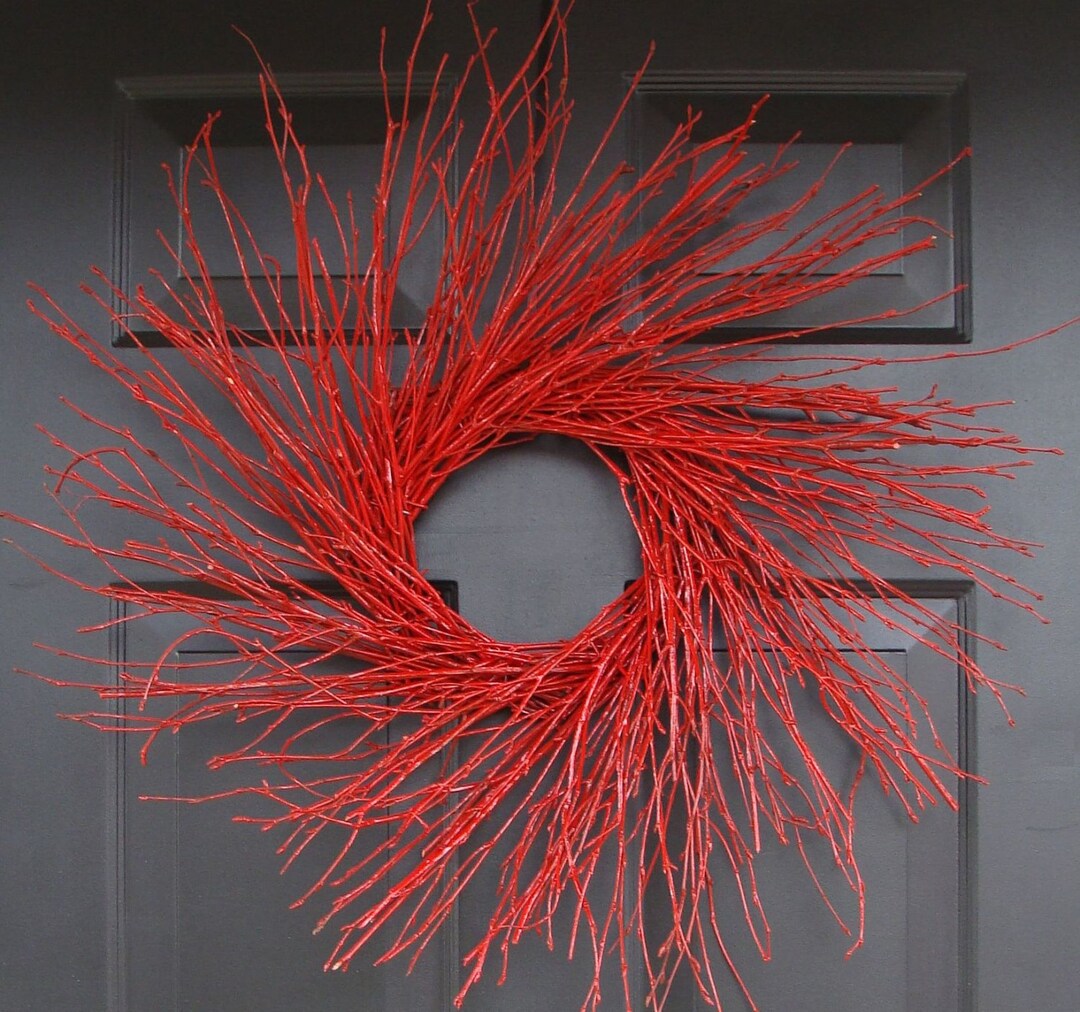 Red Birch Branch Christmas Winter Wreath: Hand-painted Twig Decor for ...
