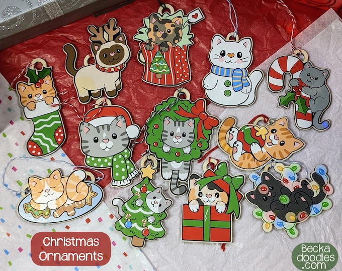Christmas Kitties Wood Ornaments, Wooden Cats Christmas Tree Ornaments ...