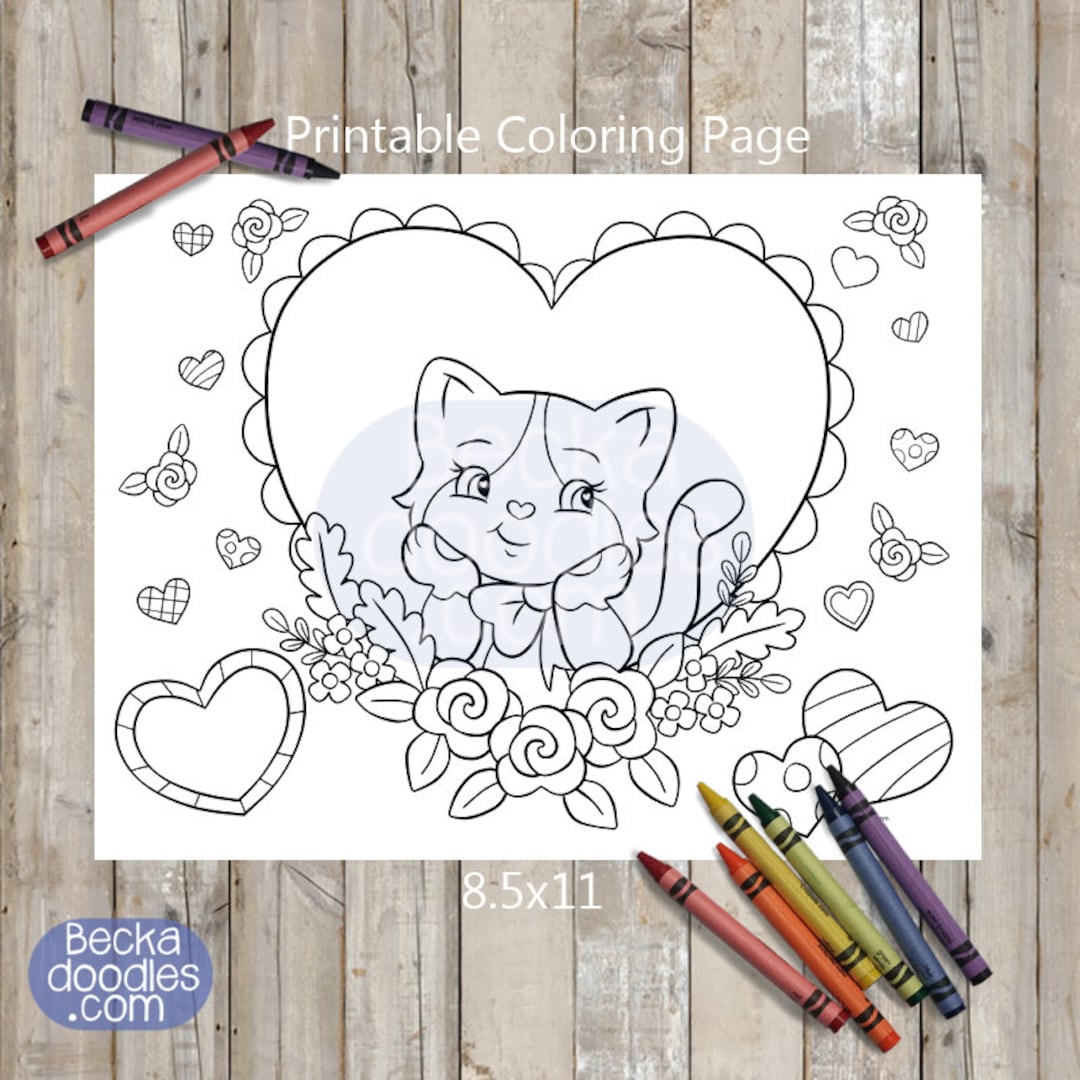 PRINTABLE Adorable Kitten Heart Coloring Page, Hand-drawn Coloring ...