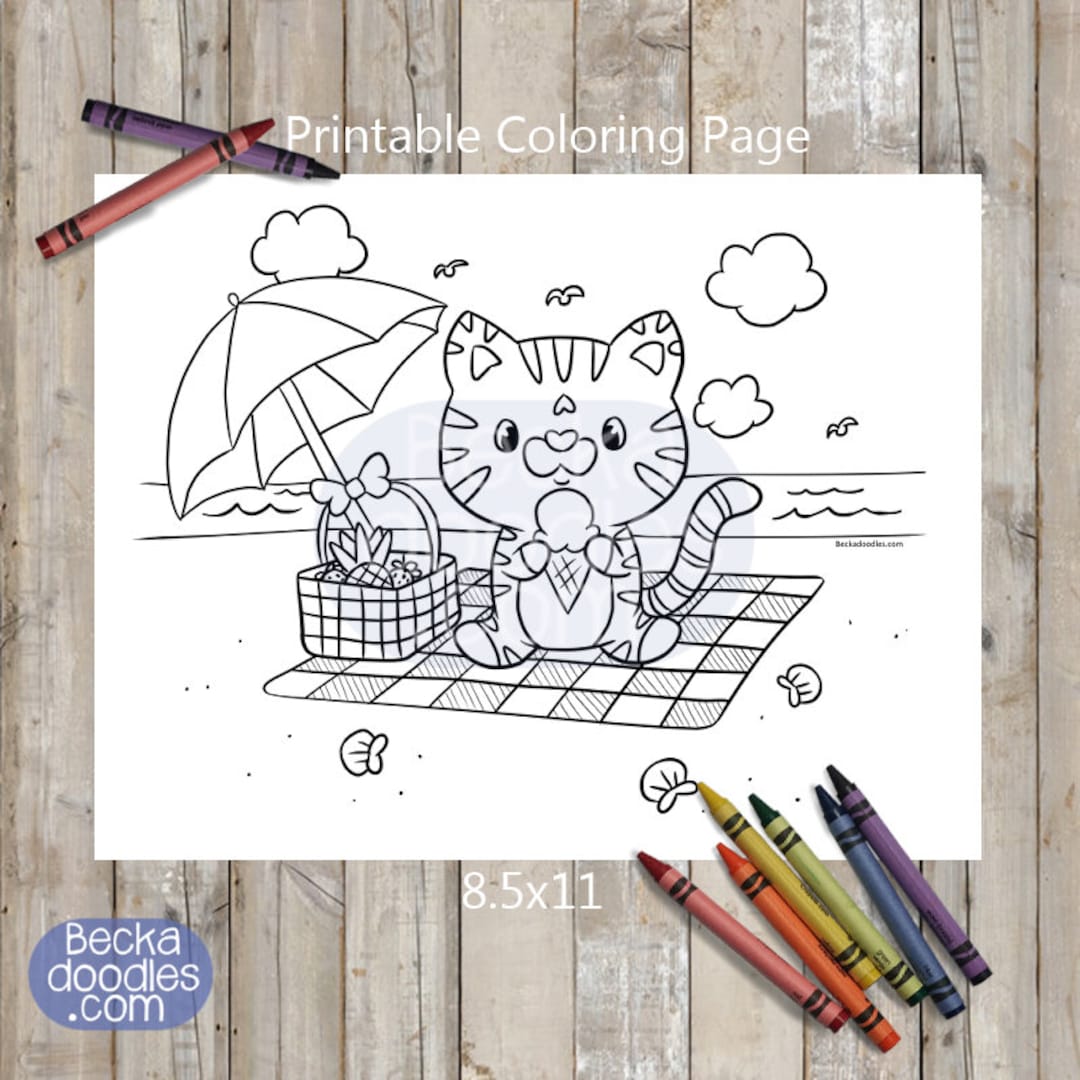 PRINTABLE Beach Cat Coloring Page, Digital Download, Hand-drawn ...