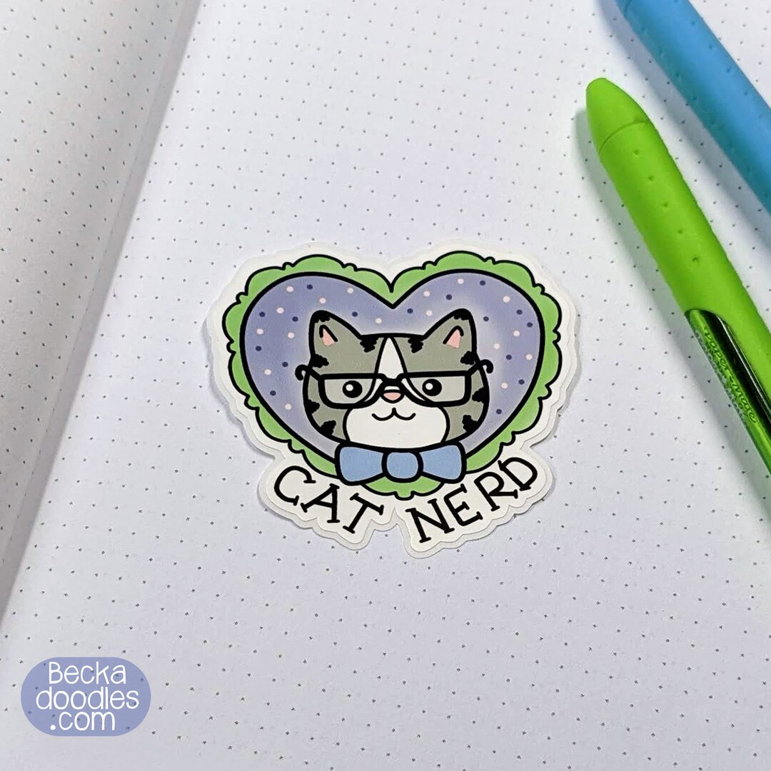 S1013 Cat Nerd Vinyl Sticker, Cat Lovers Sticker, Nerdy Sticker ...