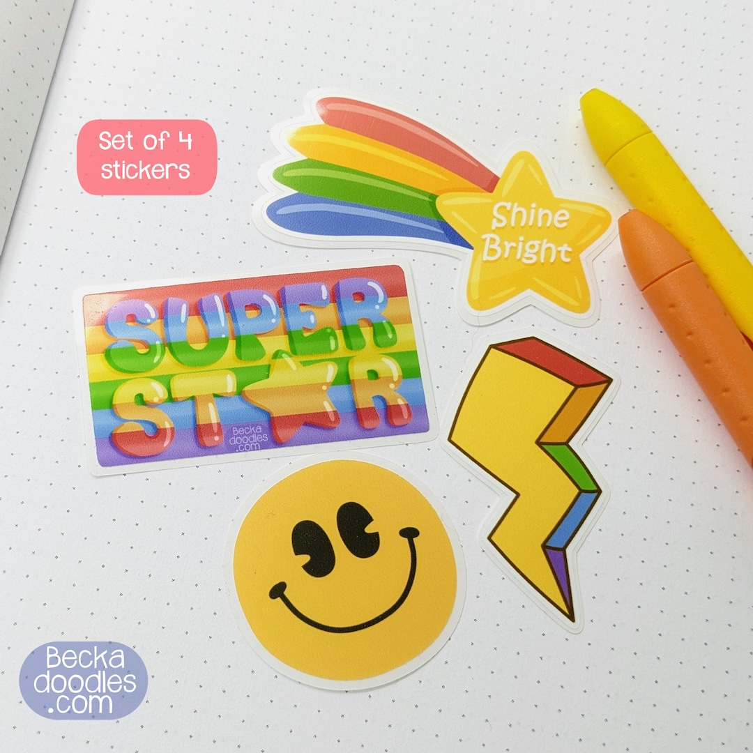 80s Retro Vinyl Sticker Set: Rainbow Super Star Stickers - Etsy