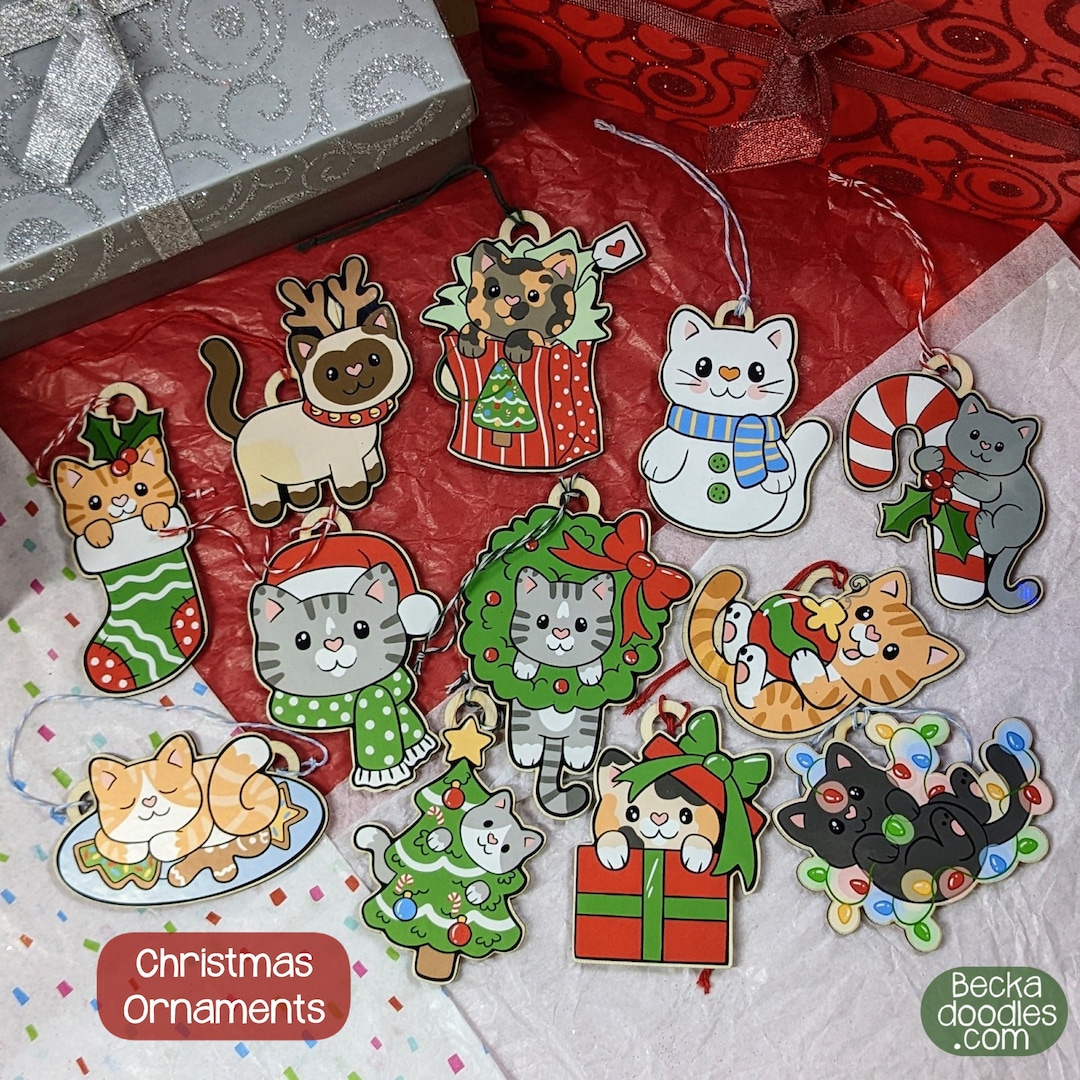Christmas Kitties Wood Ornaments, Wooden Cats Christmas Tree Ornaments, Cute Cat Tree Trimmings ...