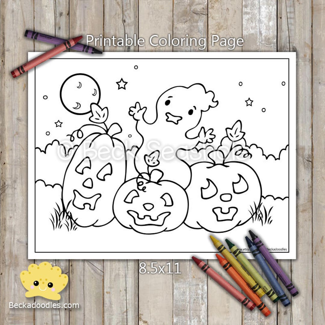 PRINTABLE Ghost and Pumpkins Coloring Page, Digital Download, Hand ...