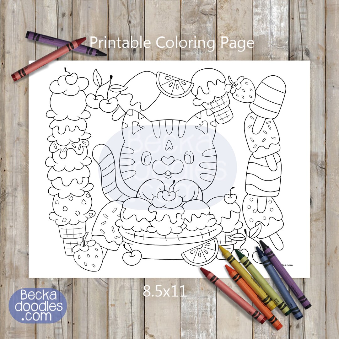 Ice Cream Cat Coloring Page: Summer Beach Printable (digital Download ...