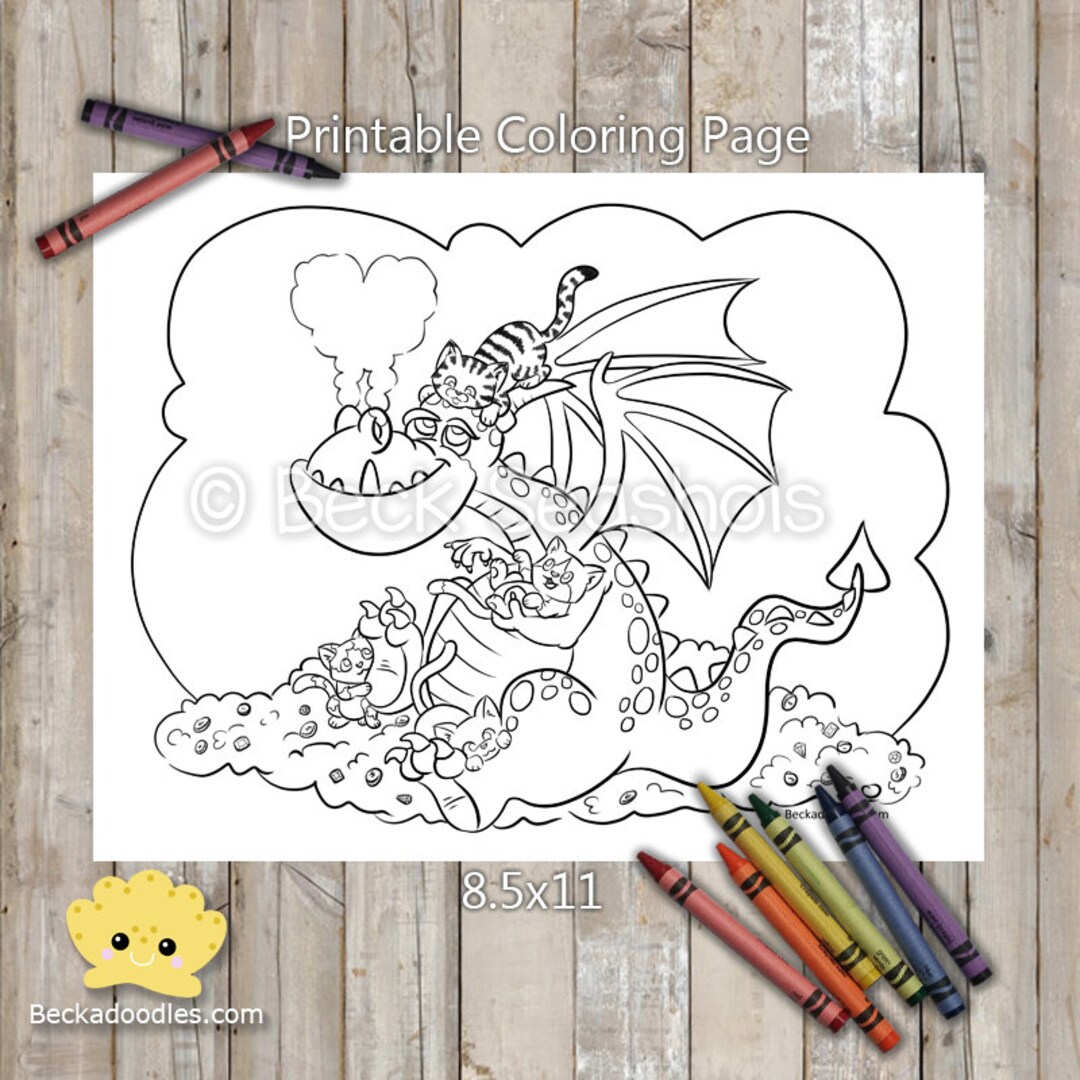 Dragon and Kittens Coloring Page: Hand-drawn Halloween Art (digital ...