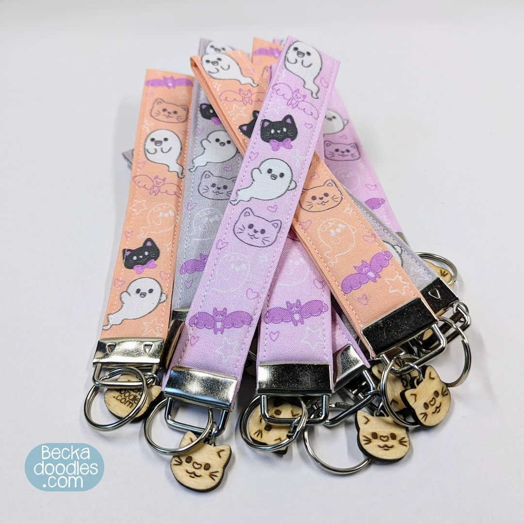 Spooky Cute Pastel Fabric Wristlet Keychain, Ghosts and Bats Fabric Key ...