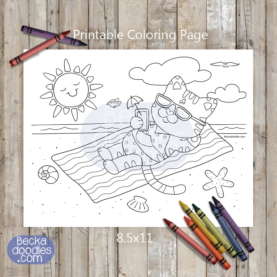 PRINTABLE Sunbathing Kitty Coloring Page, Digital Download, Mrs Leo ...