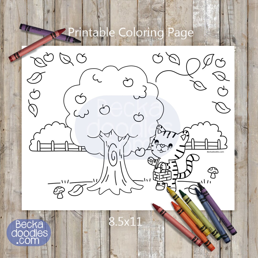PRINTABLE Cat Apple Picking Coloring Page, Digital Download, Hand-drawn ...