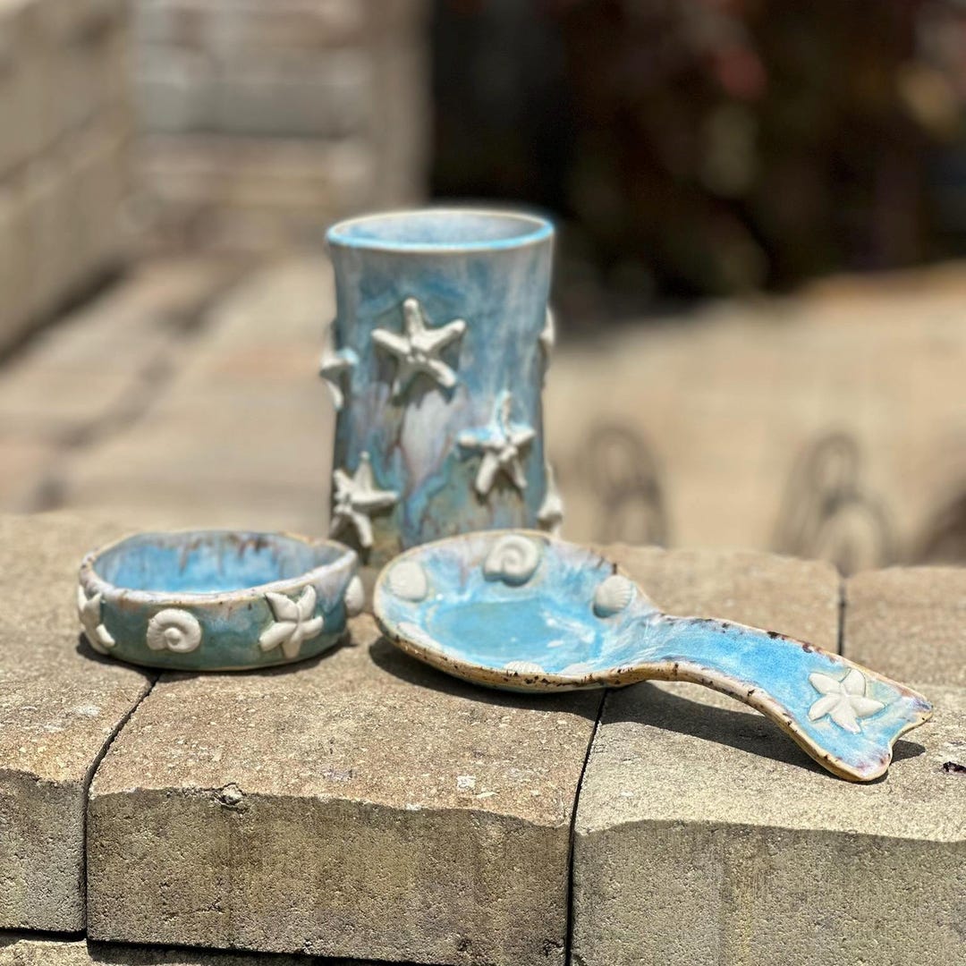 Coastal Kitchen Utensil Set Utensil Holder, Sponge Holder, Spoon Rest ...