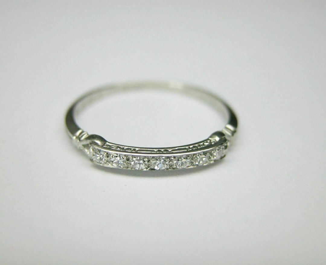 Art Deco Engraved Band, Seven Stone Band, Round Cut Moissanite Diamond ...