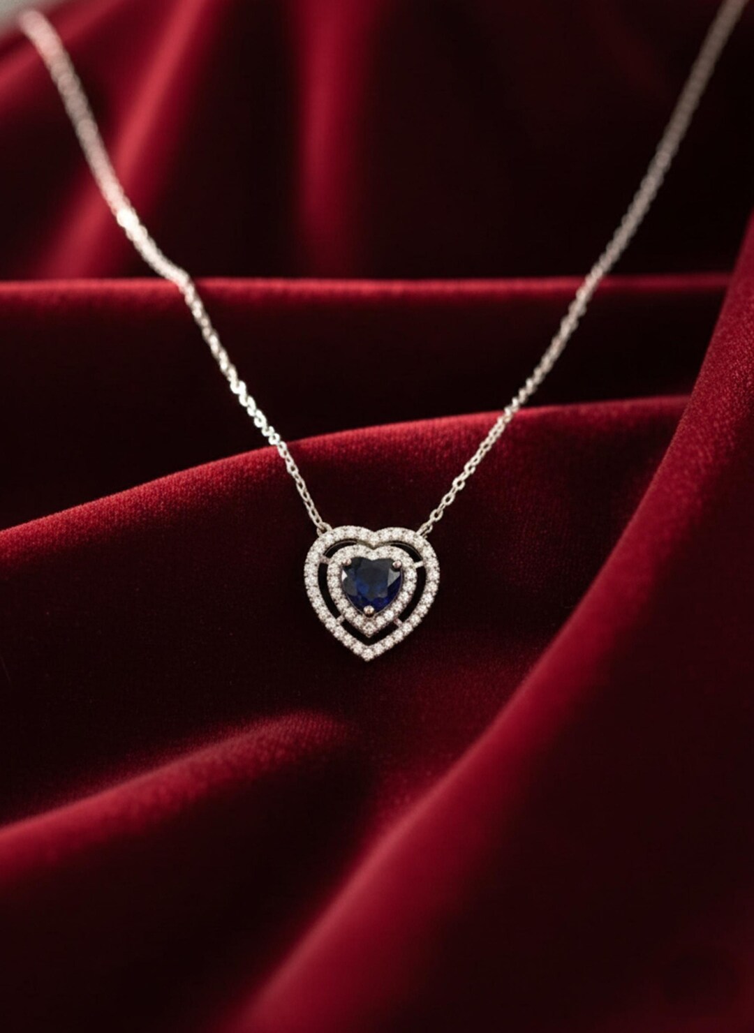 Sapphire Heart CZ Stone Pendant Necklace, Double Halo Gemstone Necklace ...