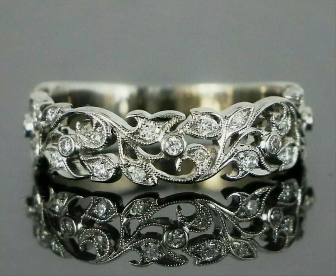 Antique Floral Leaf Motif Band, Art Deco Half Eternity Band, Round Cut ...