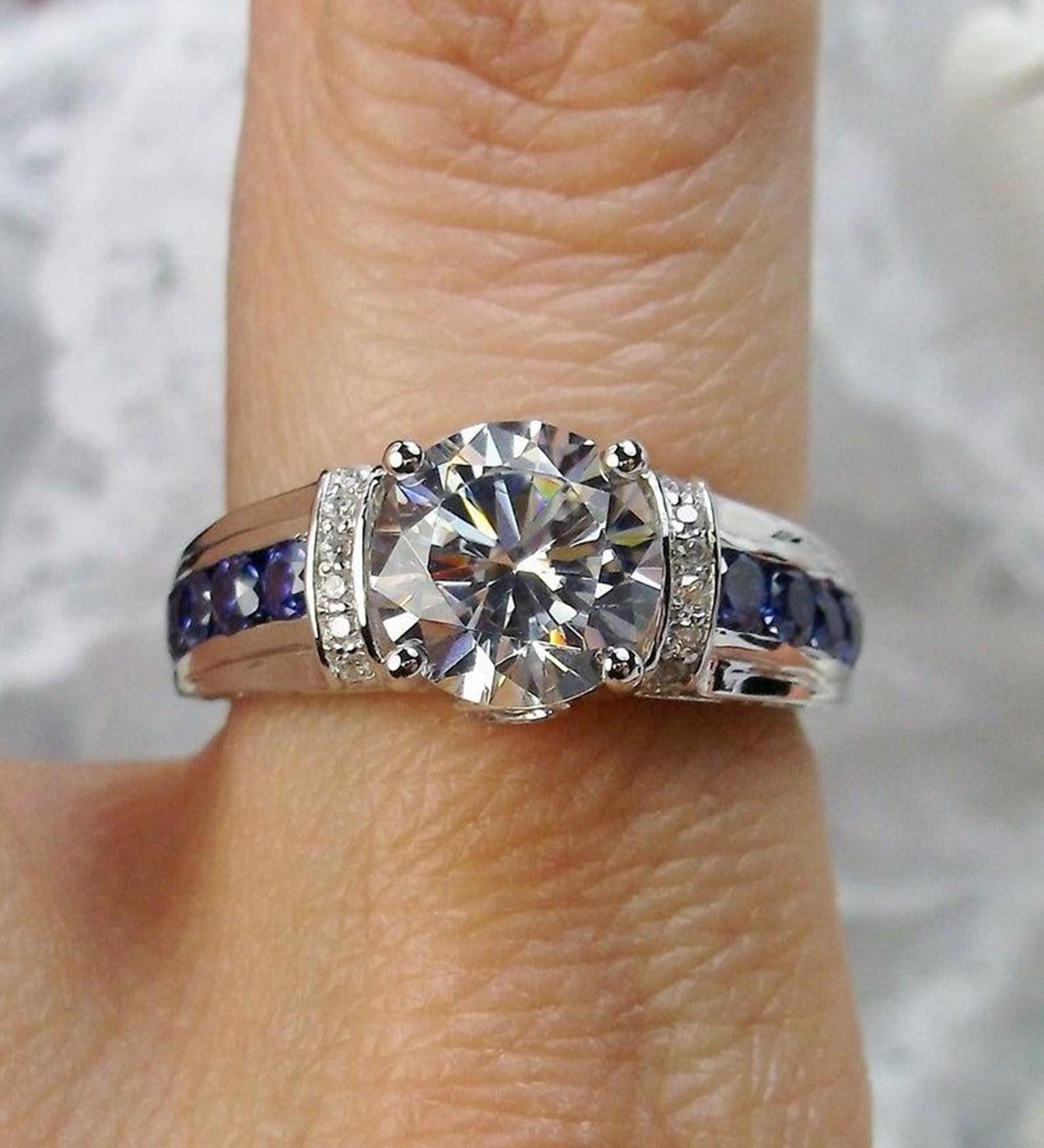 White & Sapphire Round CZ Stone Ring, White Gold Wedding Ring ...