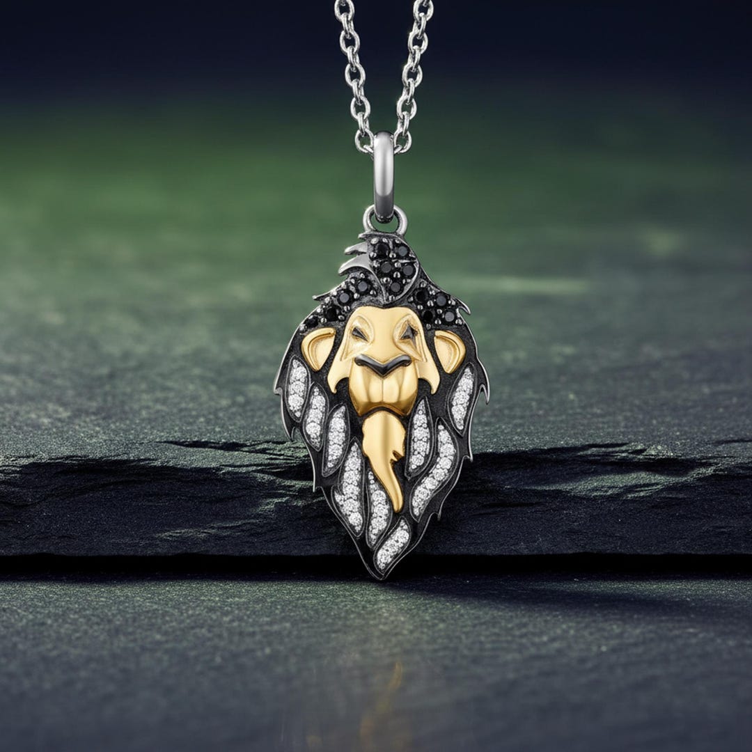 Animal King Lion Head Scar Pendant, White & Black Round Cut Moissanite ...