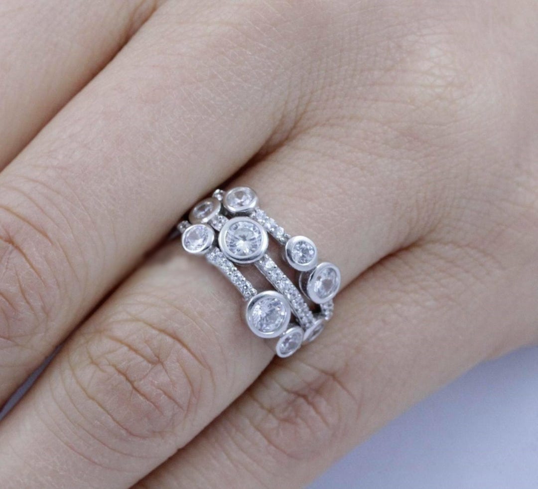 Bubble Set Three Row Diamond Ring, Bezel Set Round Moissanite Diamond ...