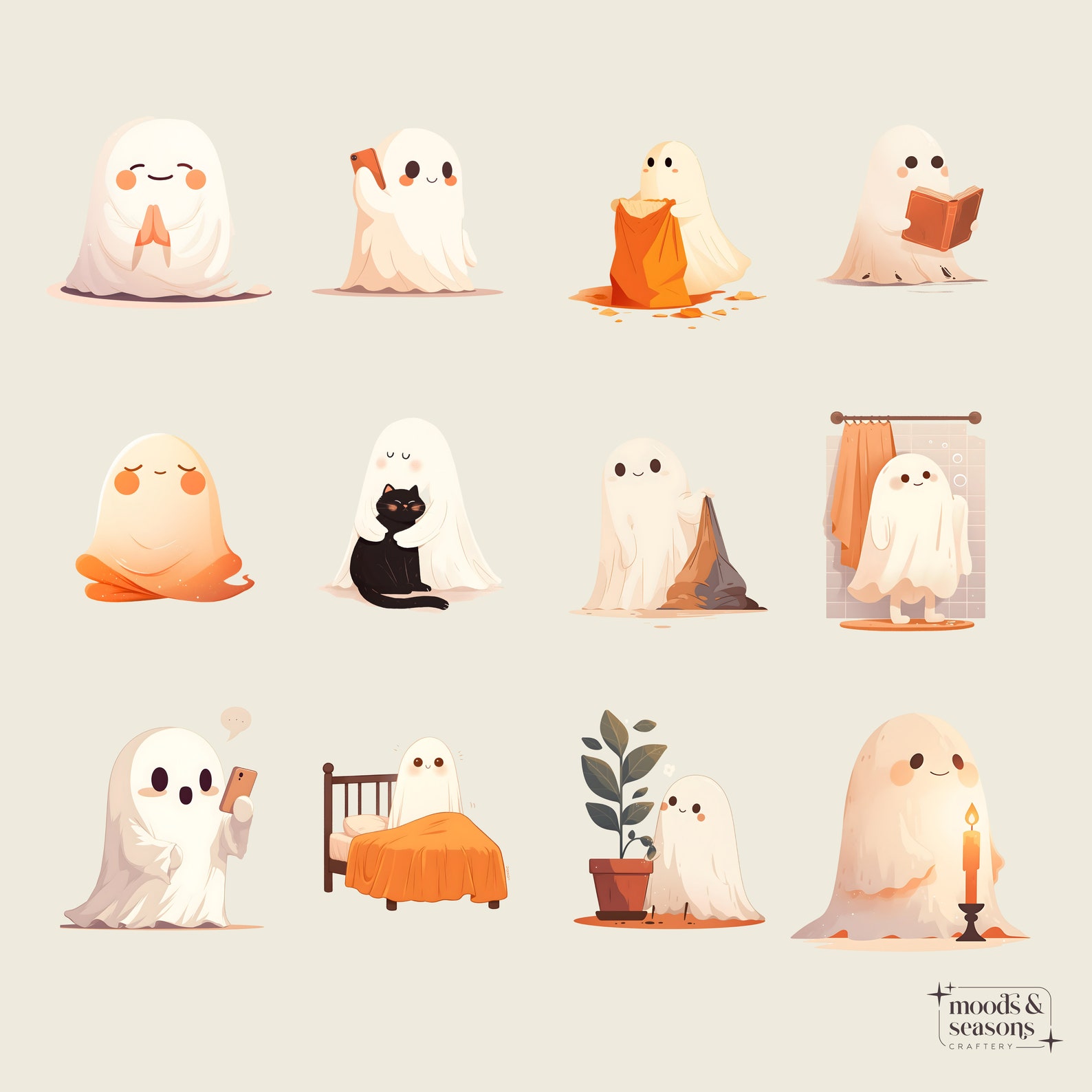 28 Cute Gosth Routine Cliparts 300 DPI Png Cute Halloween Daily Tasks ...
