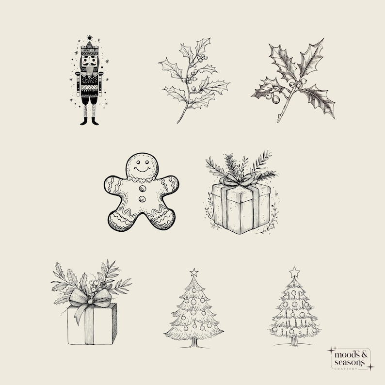 30 Christmas Art Line Clipart - 300 DPI - Line Drawing - Winter Holiday ...