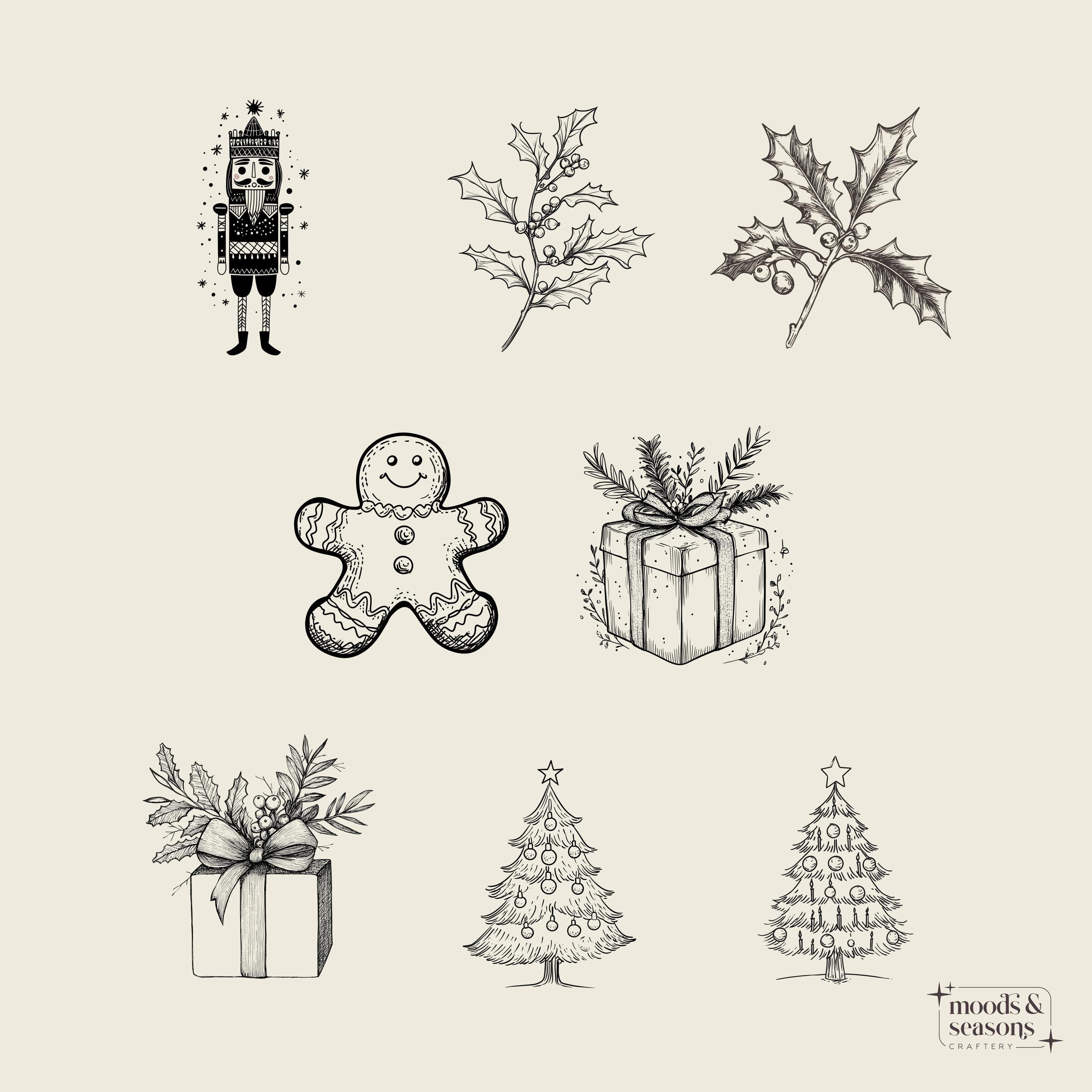 30 Christmas Art Line Clipart - 300 DPI - Line Drawing - Winter Holiday ...