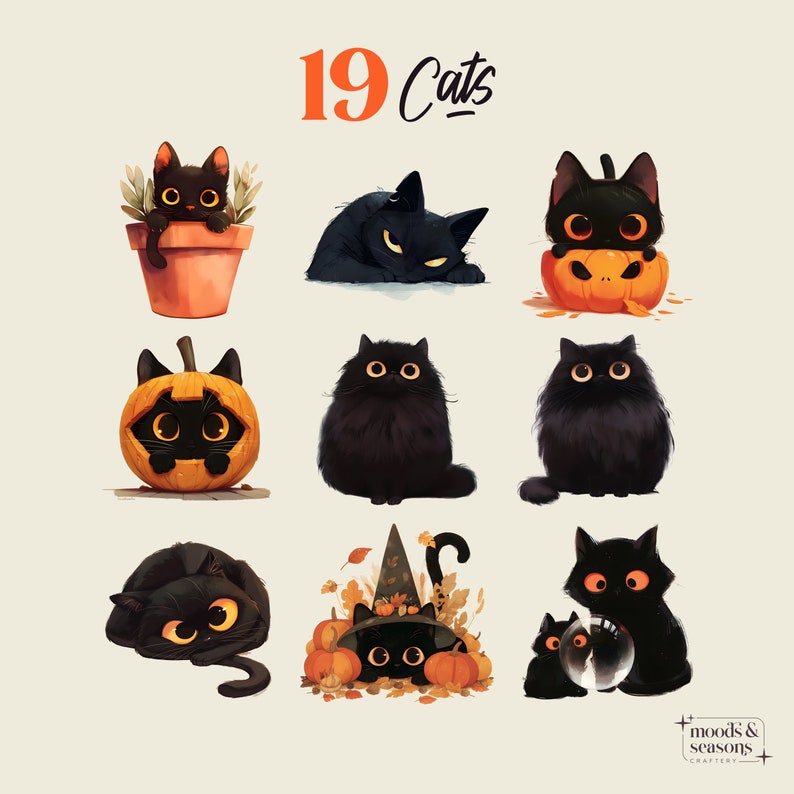 Black Cats Halloween Cliparts: Cartoon Style, Borders (300 DPI PNG ...