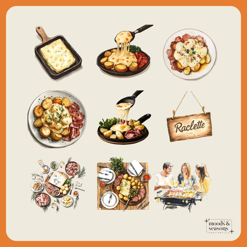 Alpine Cheesy Dishes Cliparts, Fondue, Raclette, Tartiflette (digital ...