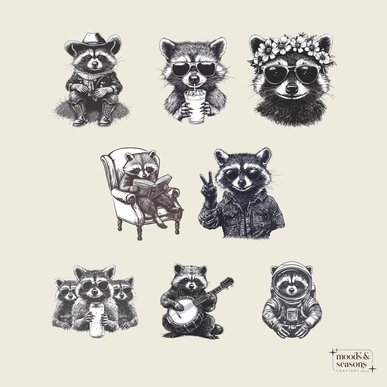 24 Funny Raccoons Cliparts - 300 DPI Png - Cool, Badass, Sassy, Fancy ...