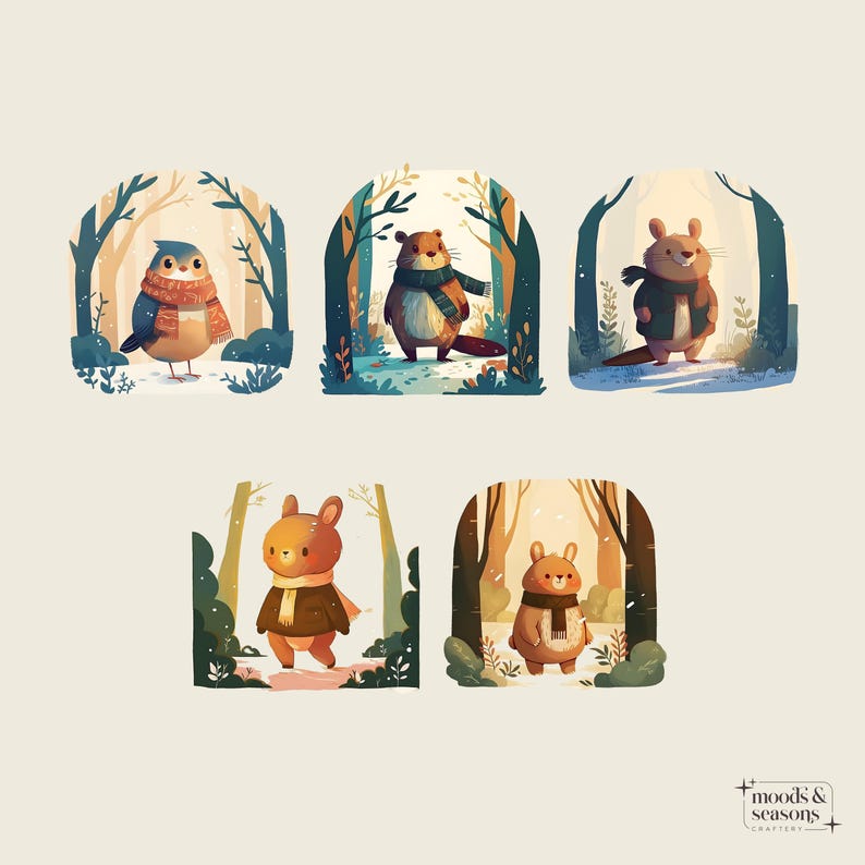 Cute Winter Woodland Animals Clipart – 300 DPI PNG (digital Download ...