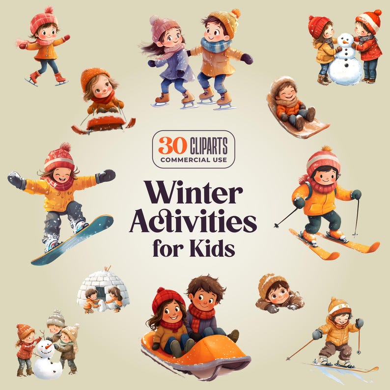 Winter Kids Activities Cliparts – Snow Sports Illustrations (digital ...