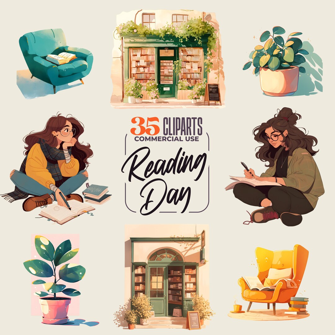 Reading Day Clipart Set – Cozy Books, Cats, Plants (digital Download ...