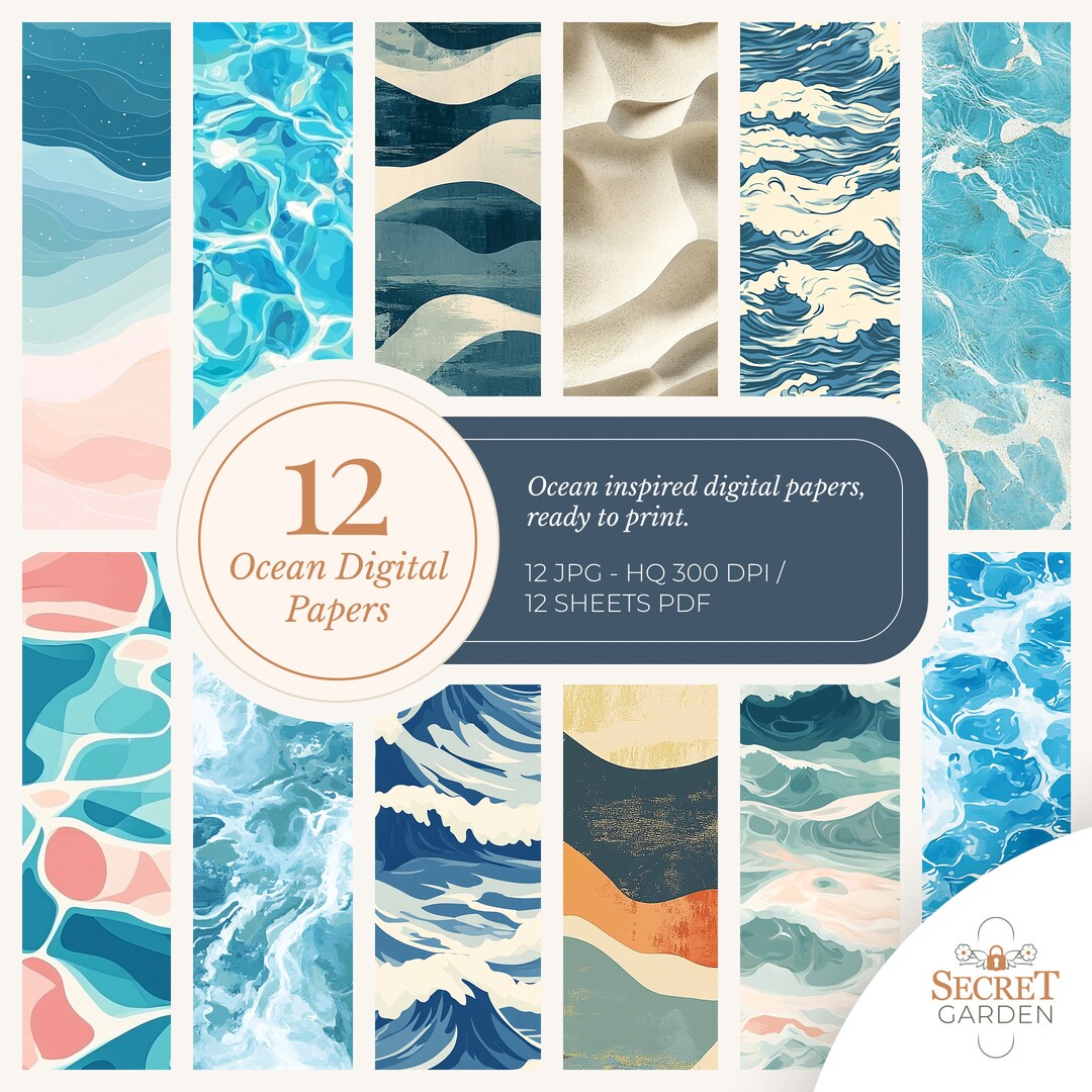 Ocean Waves Digital Paper Set, Beach Theme, Boho Art (digital Download ...