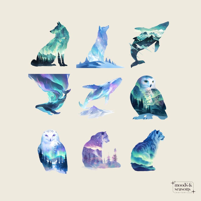 Arctic Animals Northern Lights Clipart – Double Exposure (digital ...