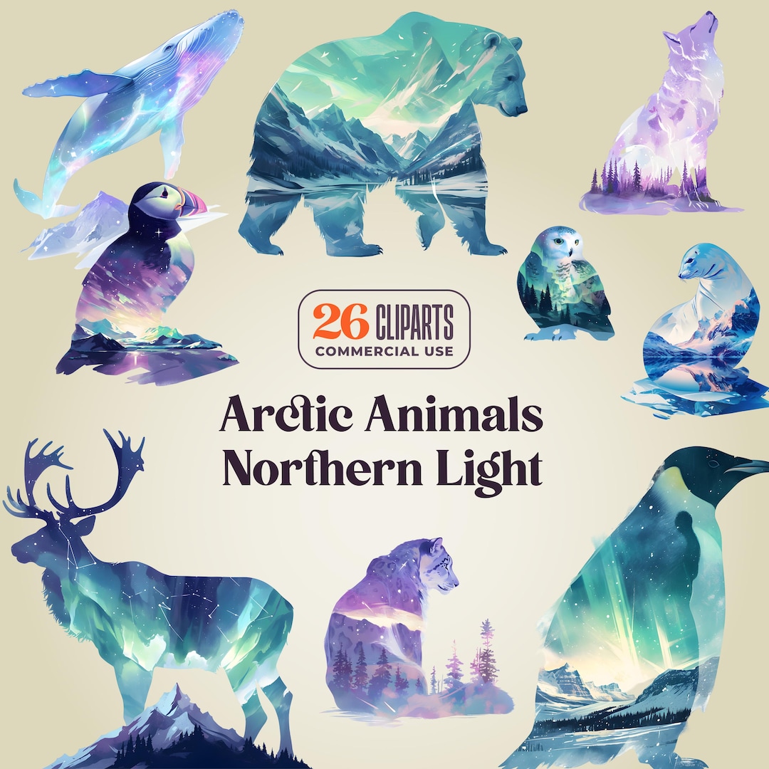Arctic Animals Northern Lights Clipart – Double Exposure (digital ...