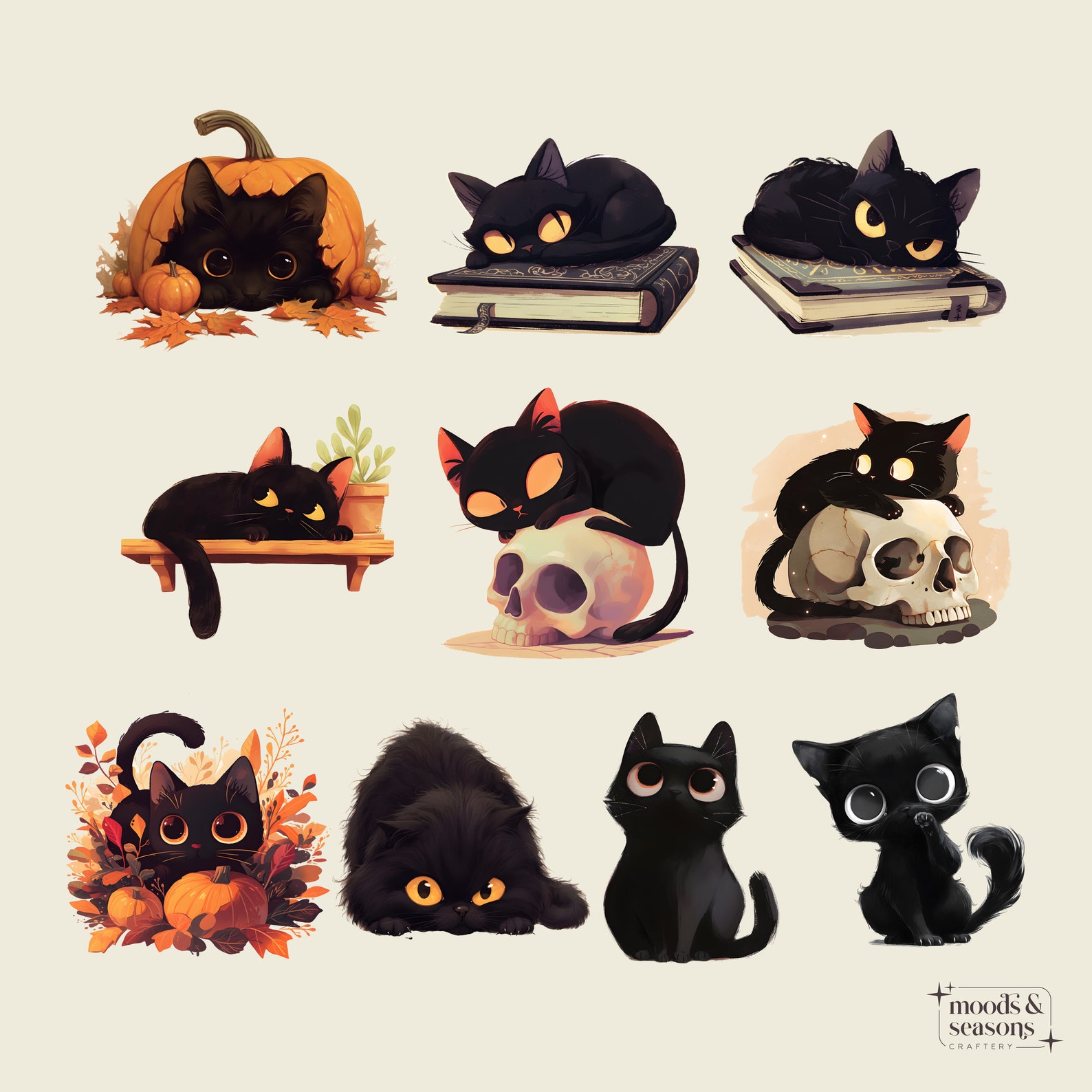Black Cats Halloween Cliparts: Cartoon Style, Borders (300 DPI PNG ...