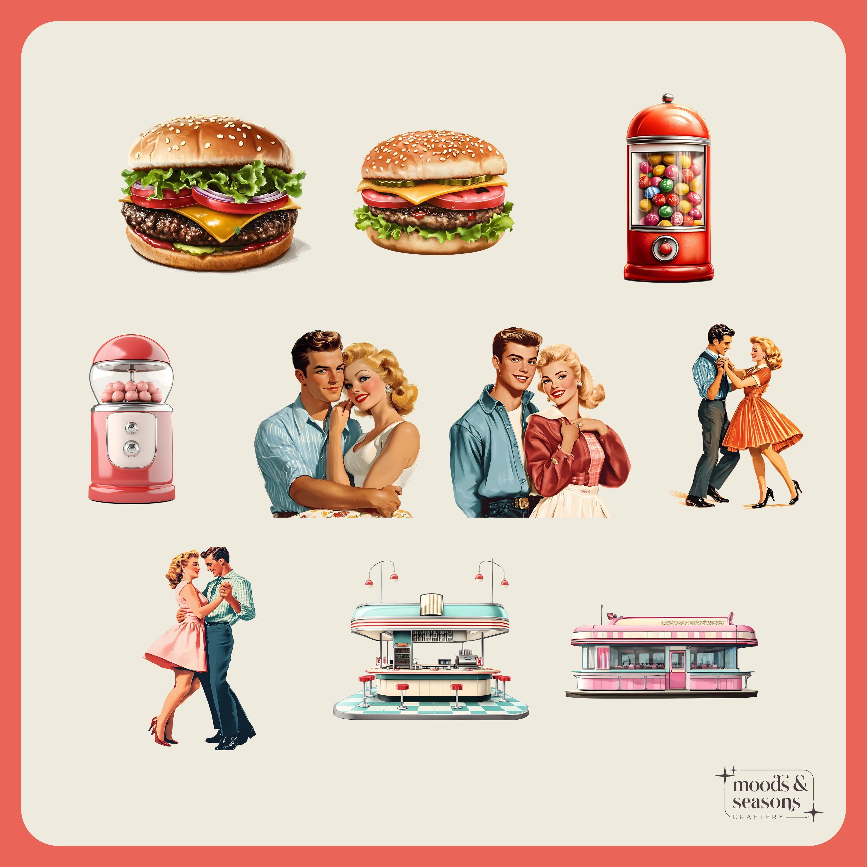 50s Diner Clipart Set – Retro American Food & Cars (digital Download ...