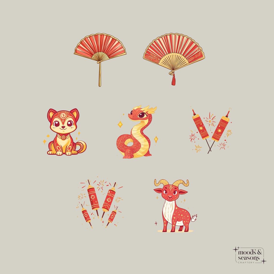 Chinese New Year Clipart – Zodiac Animals, Red and Gold (digital ...