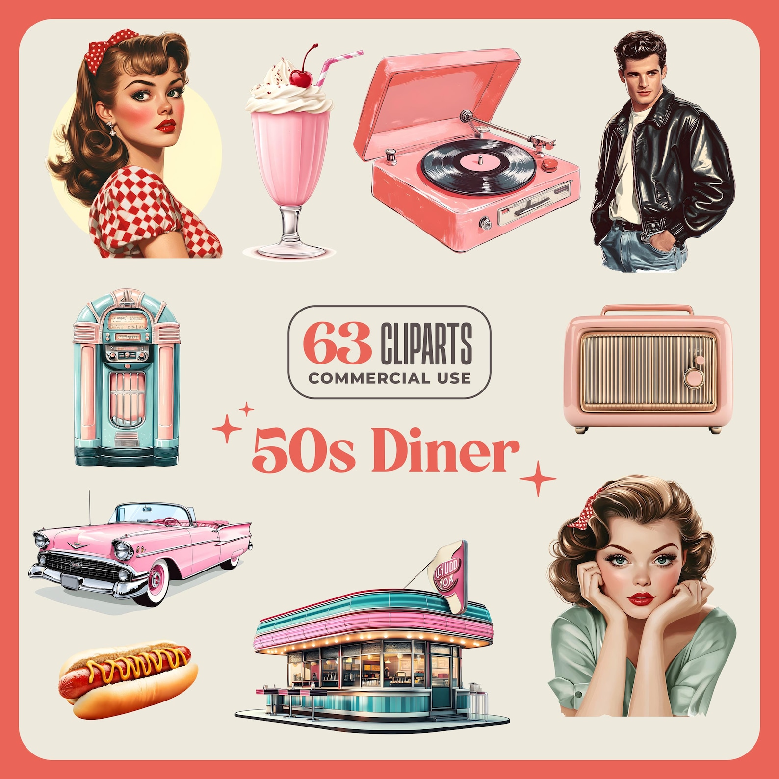 50s Diner Clipart Set – Retro American Food & Cars (digital Download ...