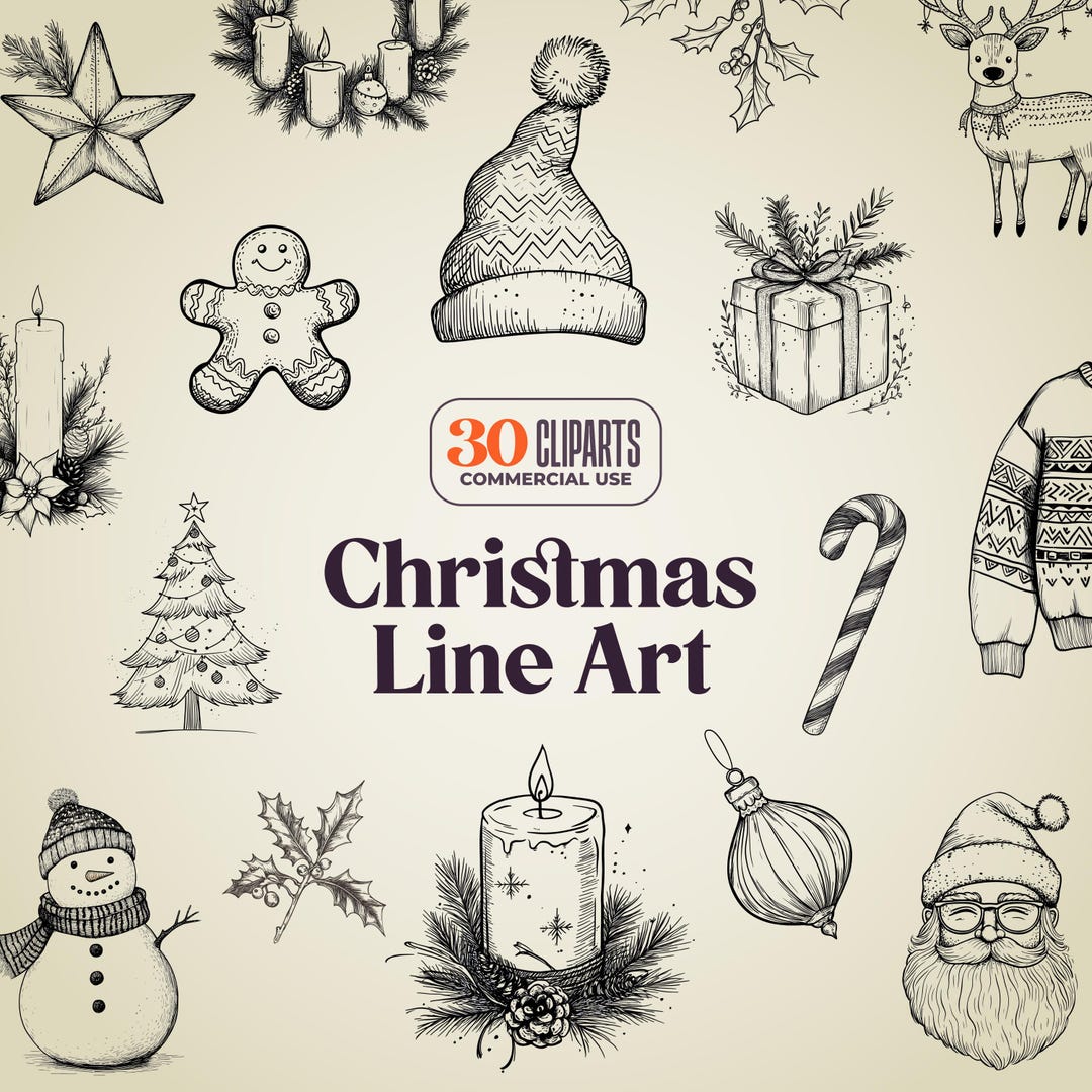 30 Christmas Art Line Clipart - 300 DPI - Line Drawing - Winter Holiday ...