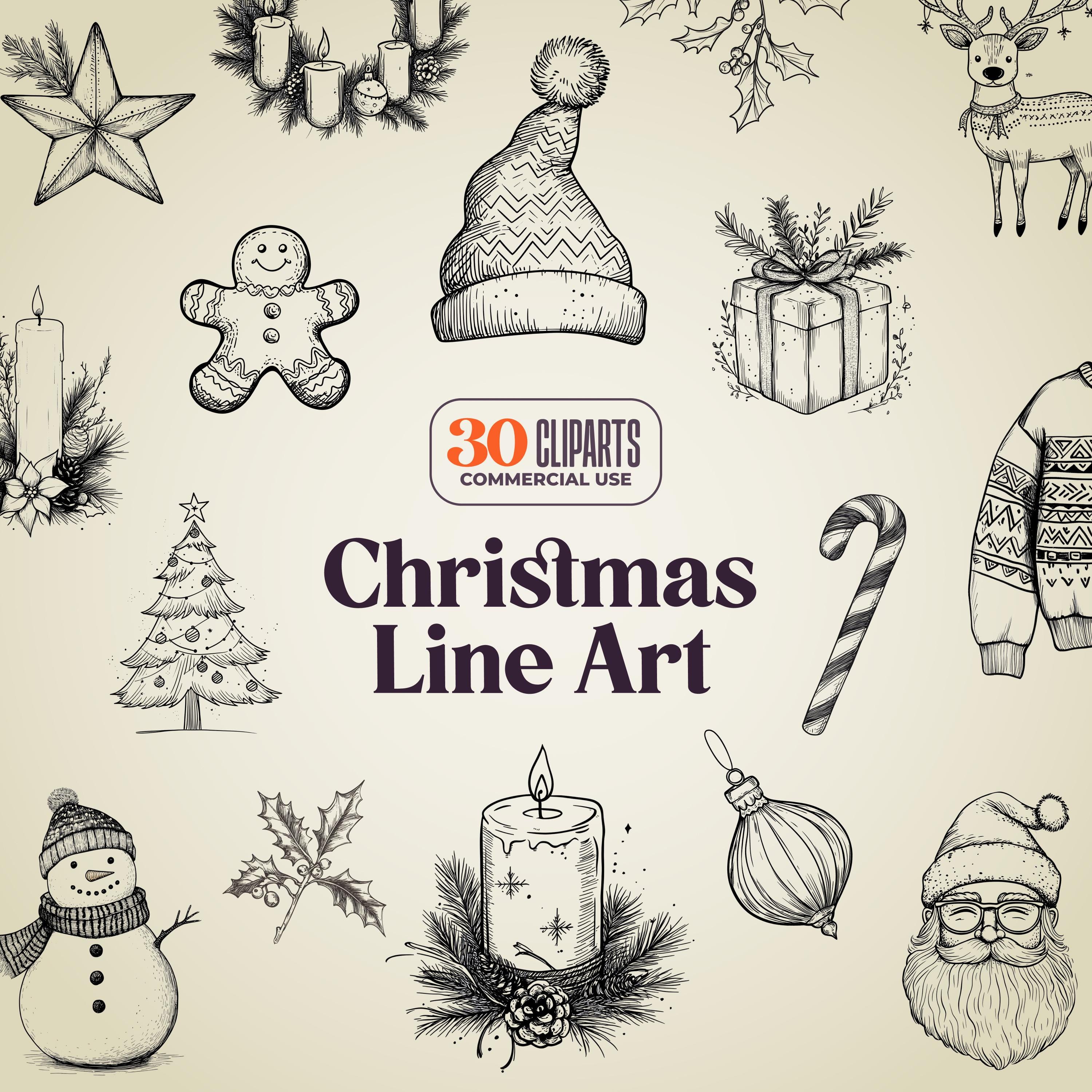 30 Christmas Art Line Clipart 300 DPI Line Drawing Winter Holiday Hand ...