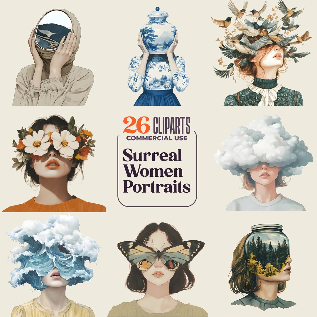 26 Surreal Women Portraits Cliparts - 300 DPI Png - Dreamy Portrait ...