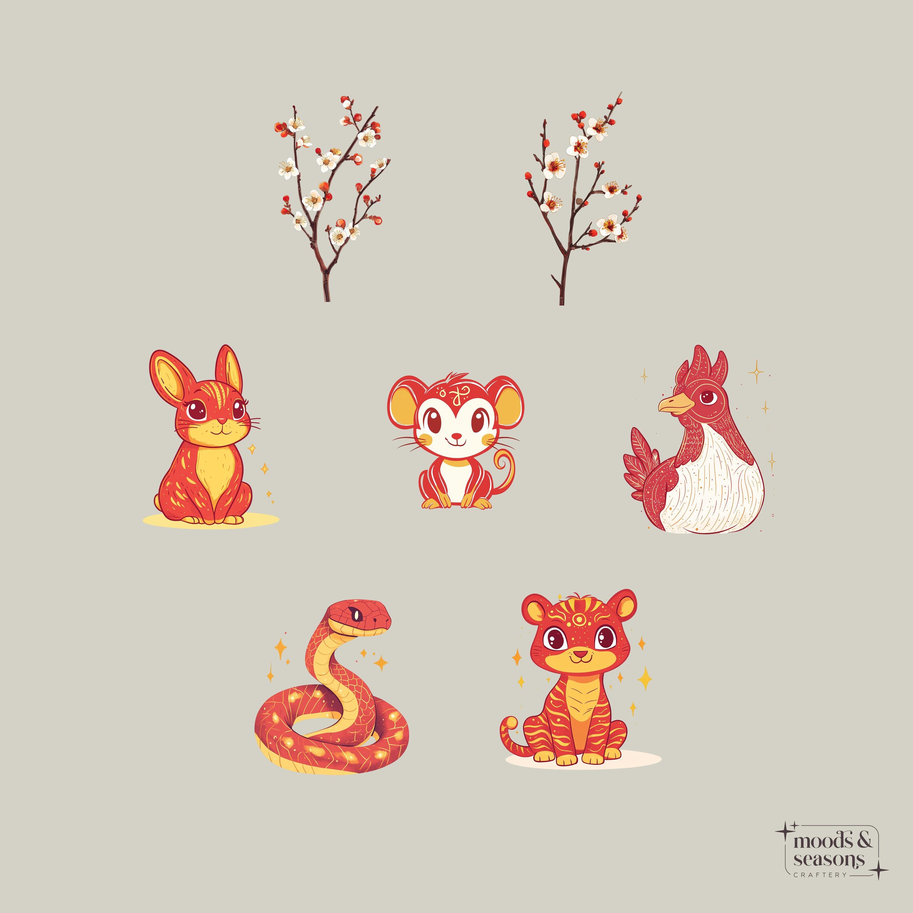 Chinese New Year Clipart – Zodiac Animals, Red and Gold (digital ...