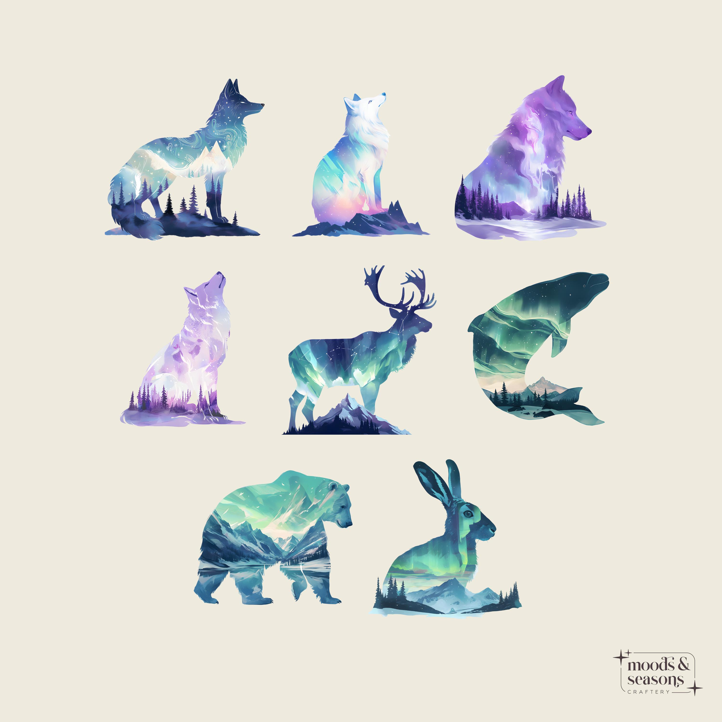 Arctic Animals Northern Lights Clipart – Double Exposure (digital ...