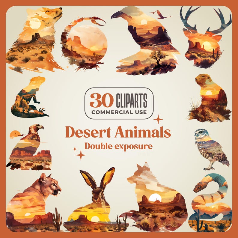 Desert Animals Double Exposure Clipart – National Parks Scenes (300 DPI ...