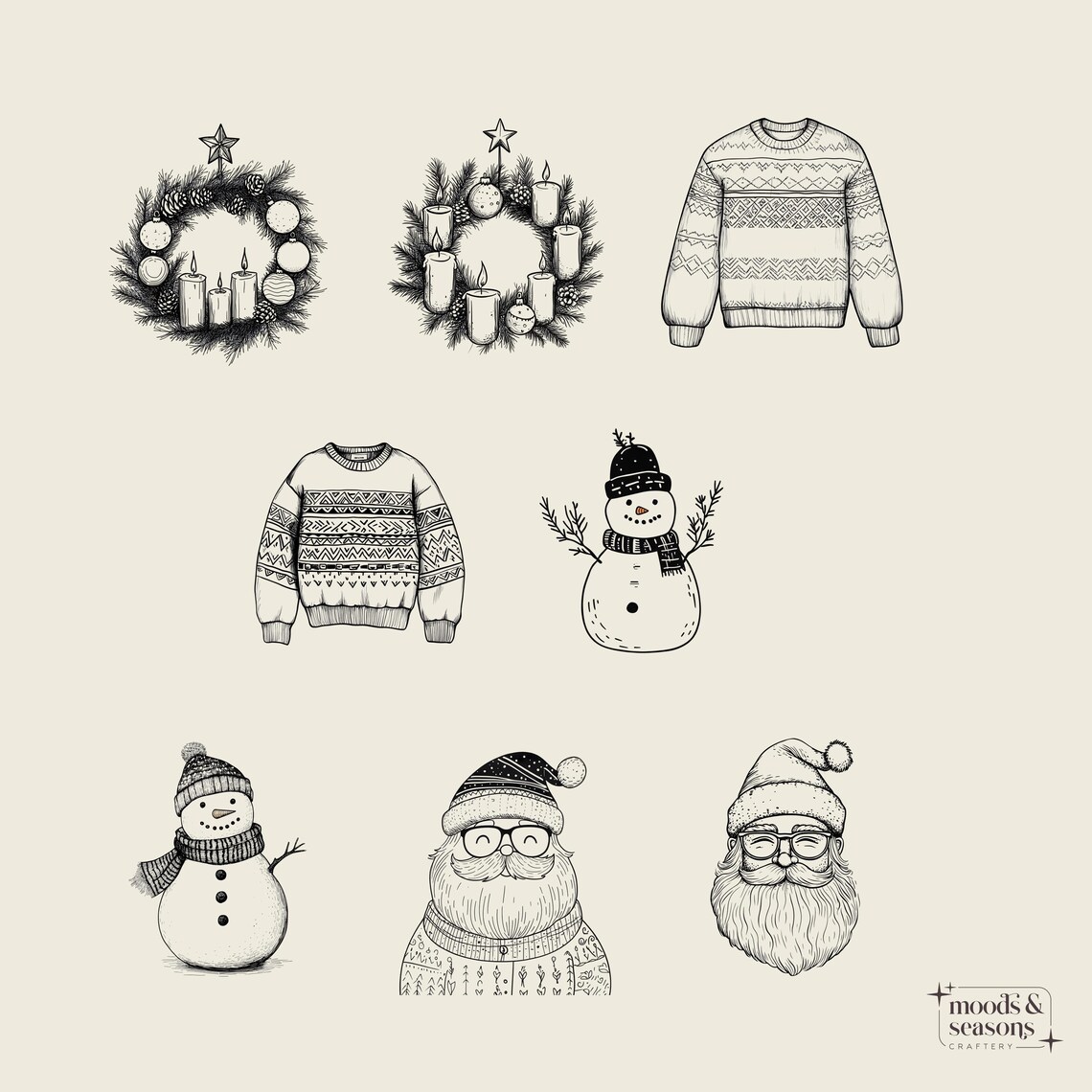 30 Christmas Art Line Clipart - 300 DPI - Line Drawing - Winter Holiday ...
