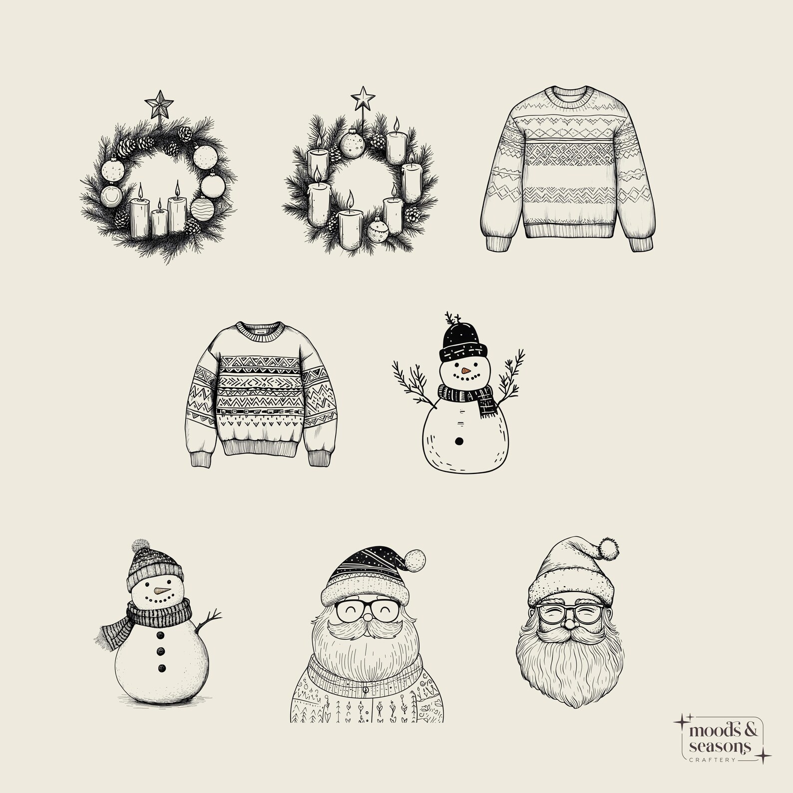 30 Christmas Art Line Clipart - 300 DPI - Line Drawing - Winter Holiday ...