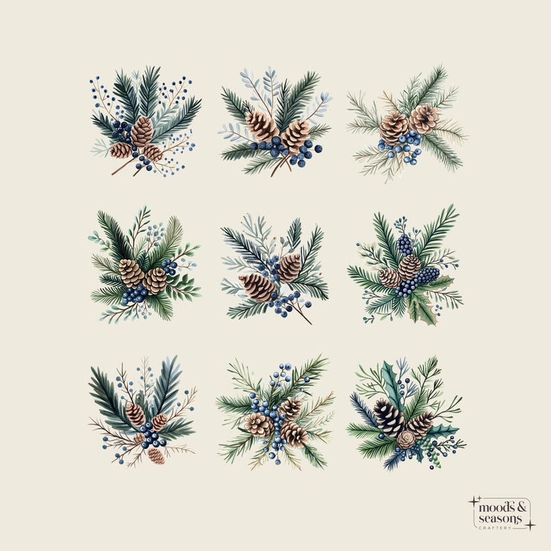 Vintage Christmas Greenery Clipart – Pine Branch, Berries (300 DPI ...