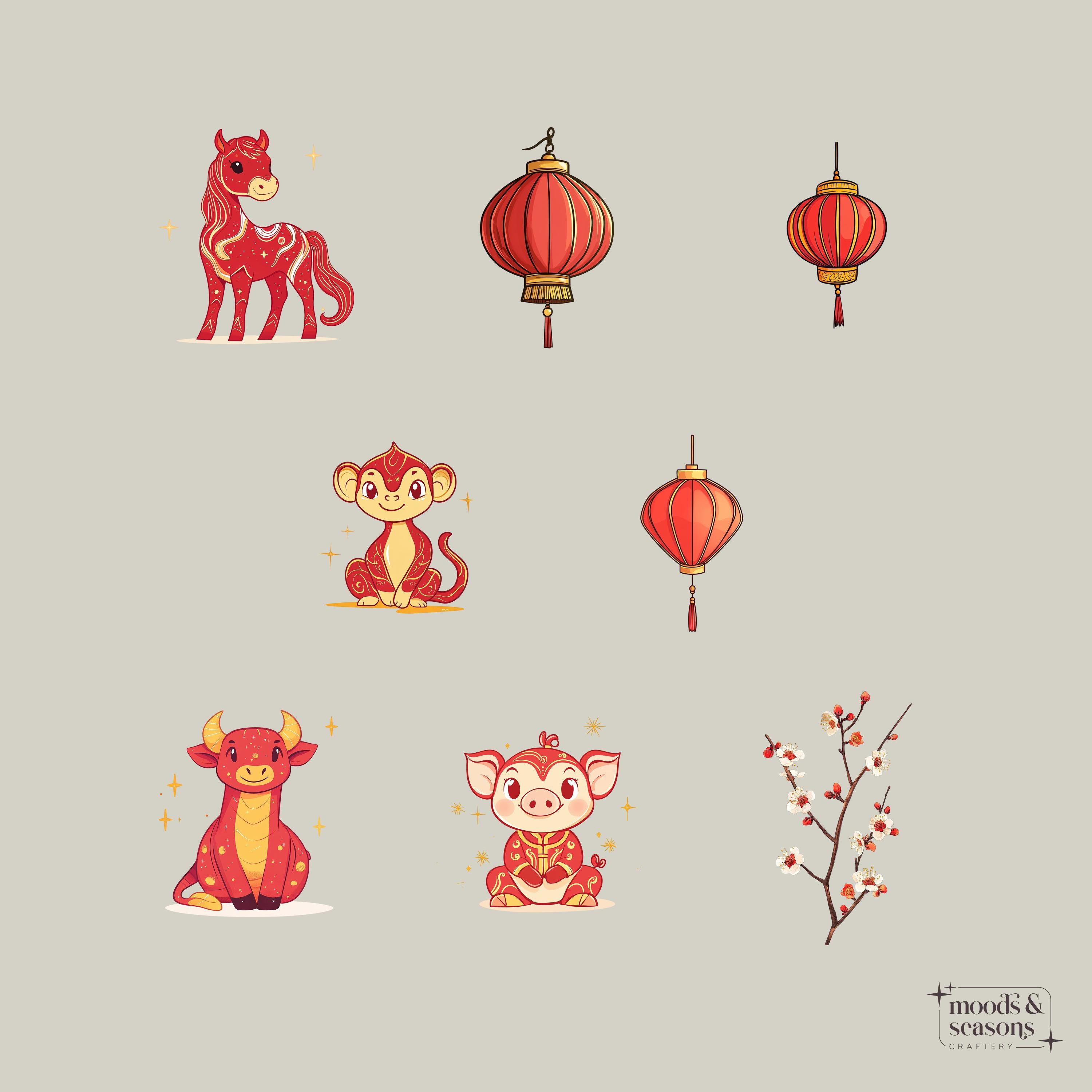Chinese New Year Clipart – Zodiac Animals, Red and Gold (digital ...