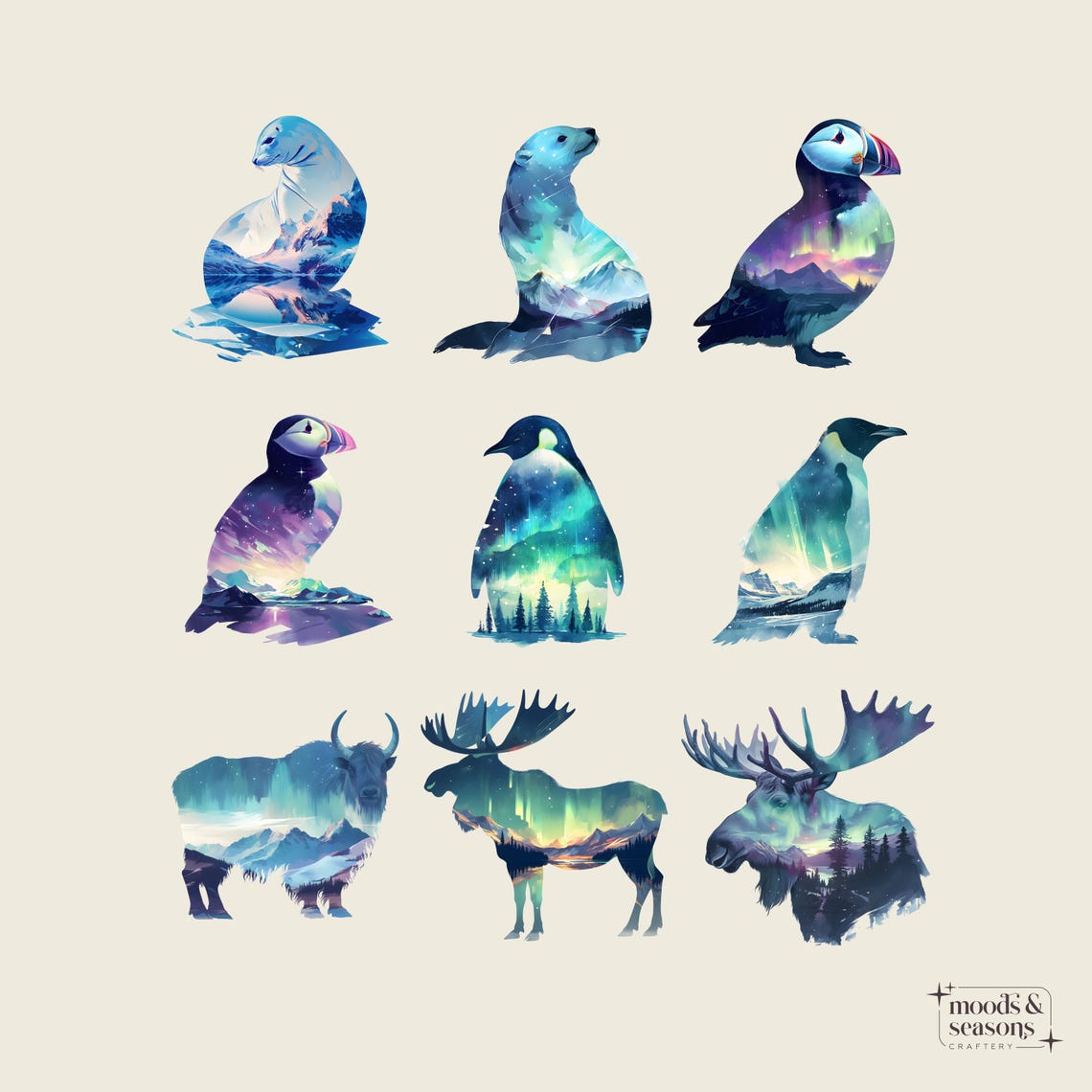 Arctic Animals Northern Lights Clipart – Double Exposure (digital ...