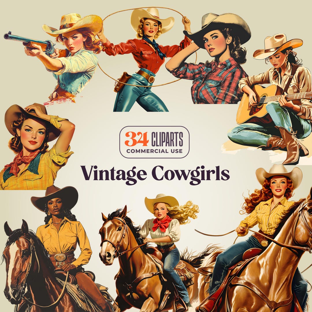 34 imágenes prediseñadas de vaqueras vintage: calidad de 300 DPI ...