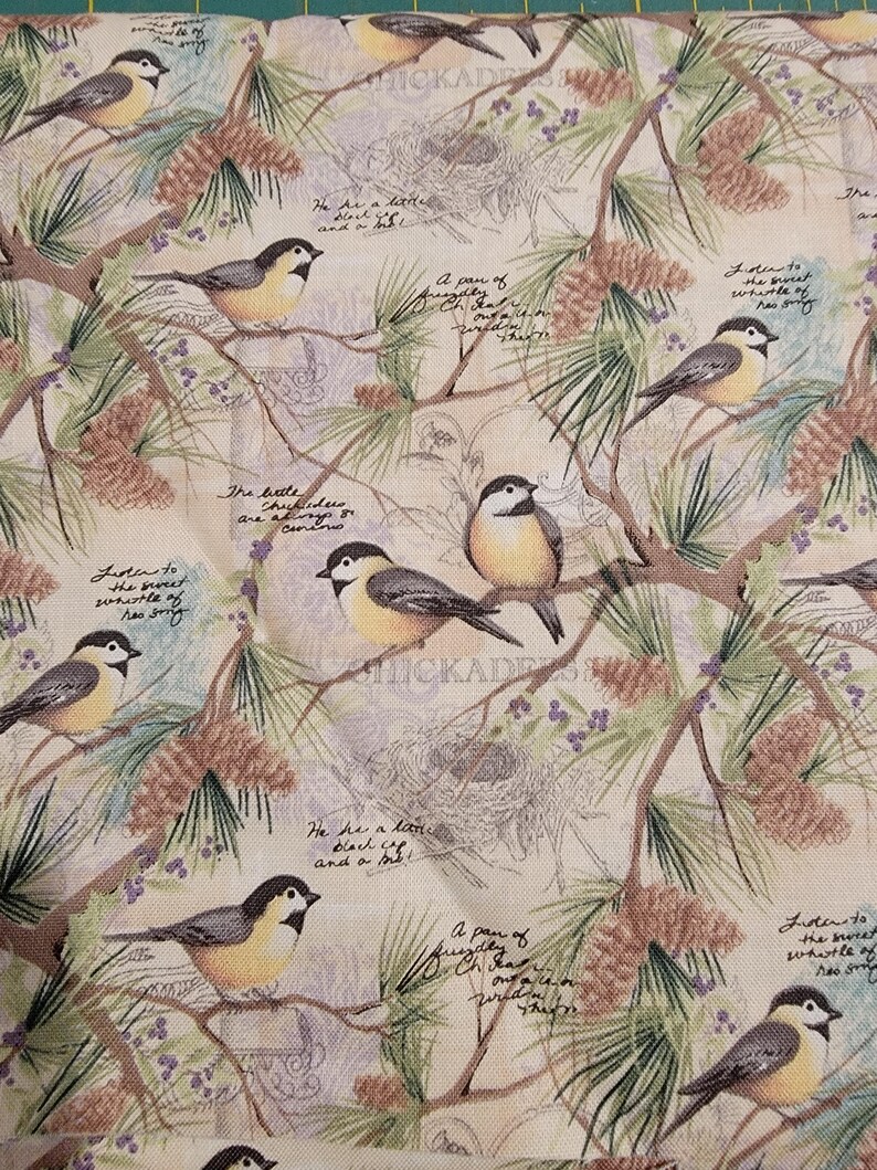 Chickadee and Pinecone Fabric - Etsy